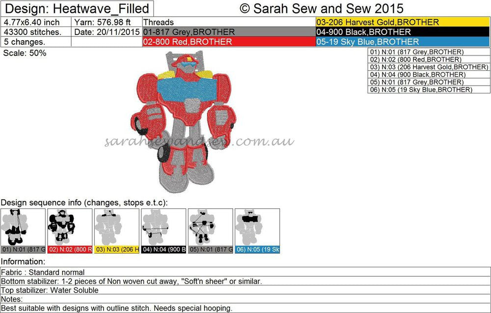 Heatwave Transformers Rescue Bot Embroidery Design - Sarah Sew and Sew