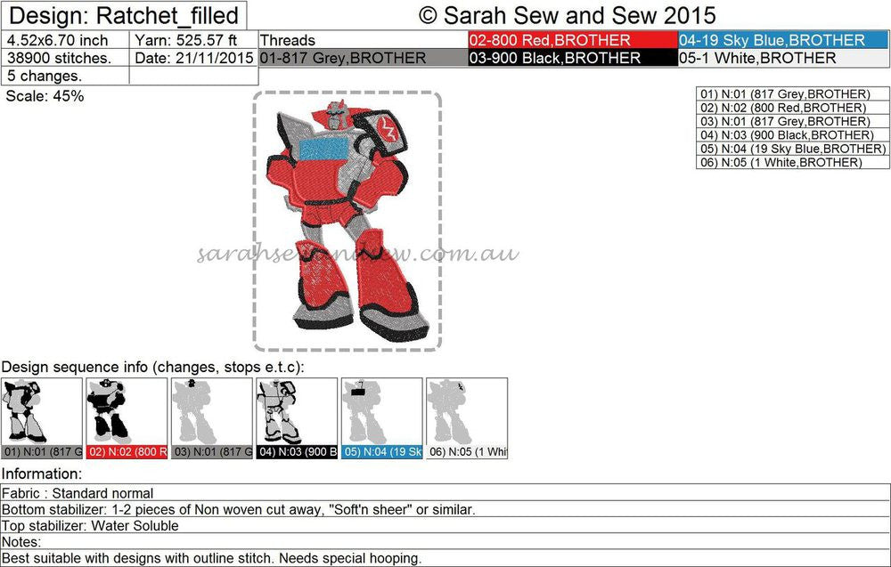 Ratchet Transformers Embroidery Design - Sarah Sew and Sew